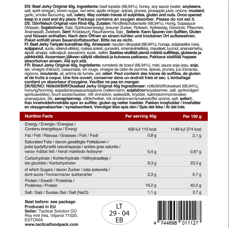 Tactical FoodPack Beef Jerky Original - 40g - Airsoft Doctor BV