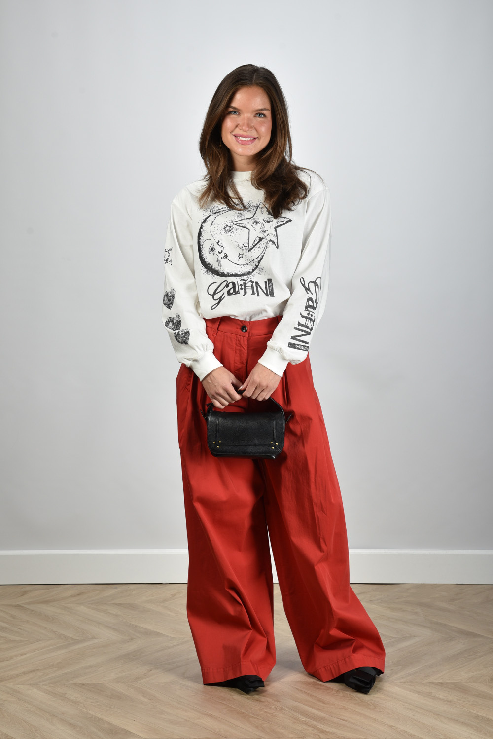 Nine In The Morning wide-leg bandplooi broek Petra rood - Marjon Snieders