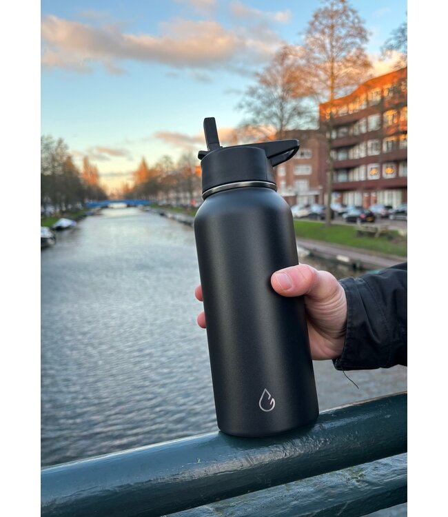 PRO waterfles RVS zwart 1 liter - dop met rietje en sportdop - Wattamula