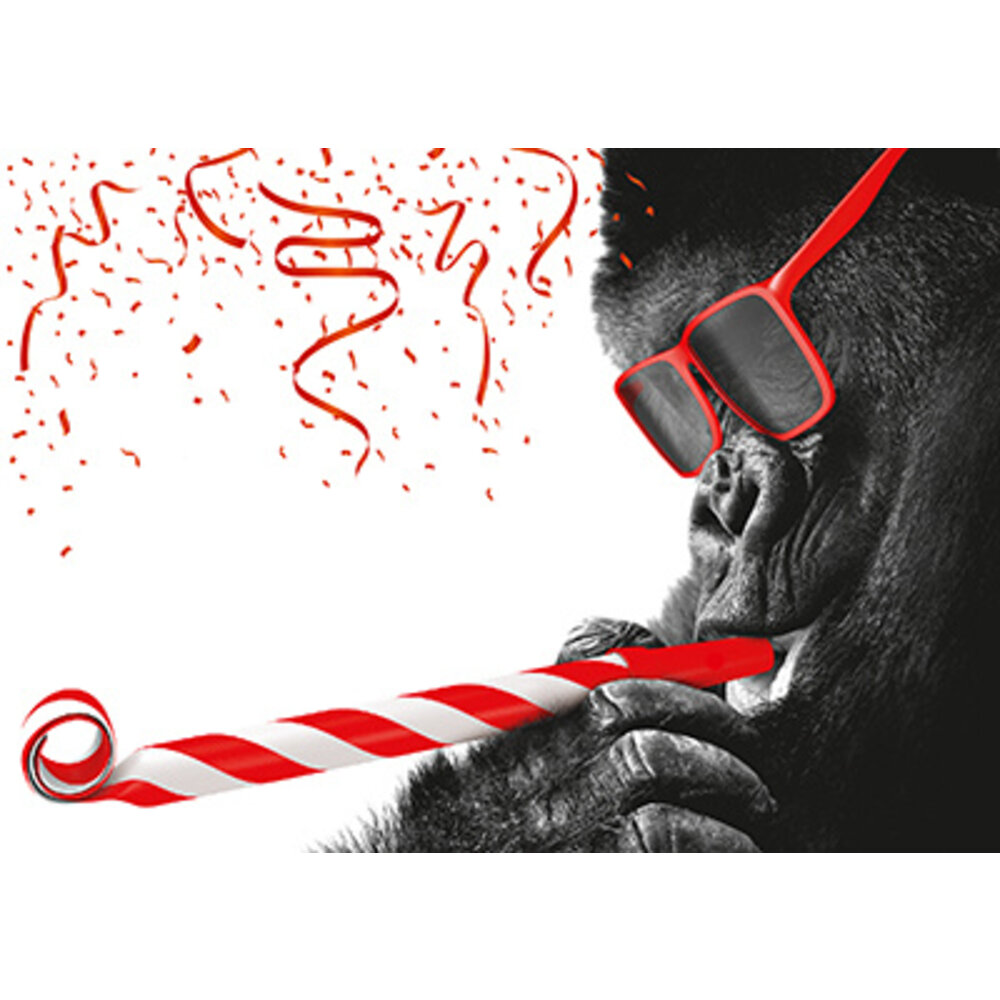 Grappige ansichtkaart van een gorilla met rode bril en roltong ...