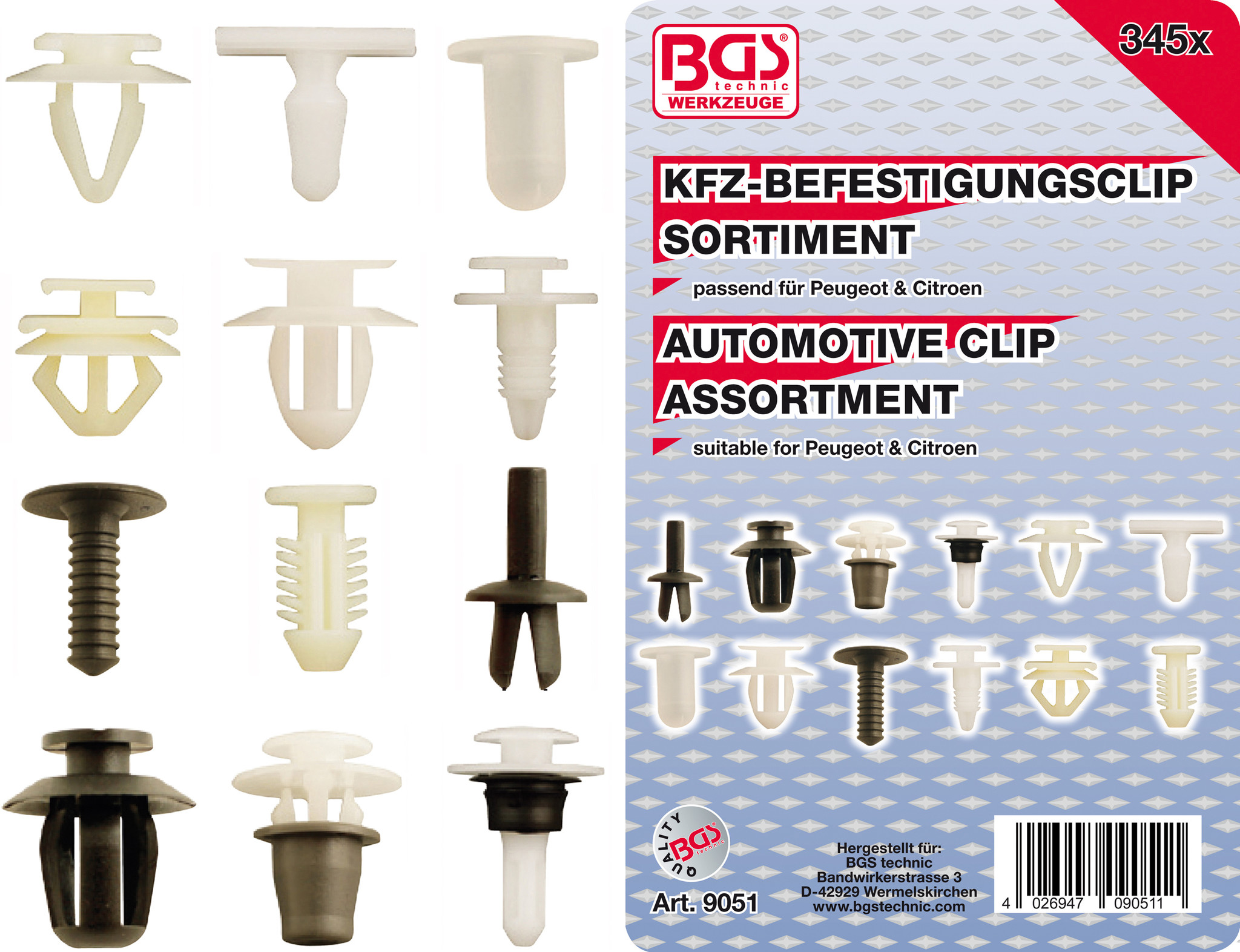 BGS Assortiment bevestigingsclips voor Peugeot, Citroen 345 delig ...