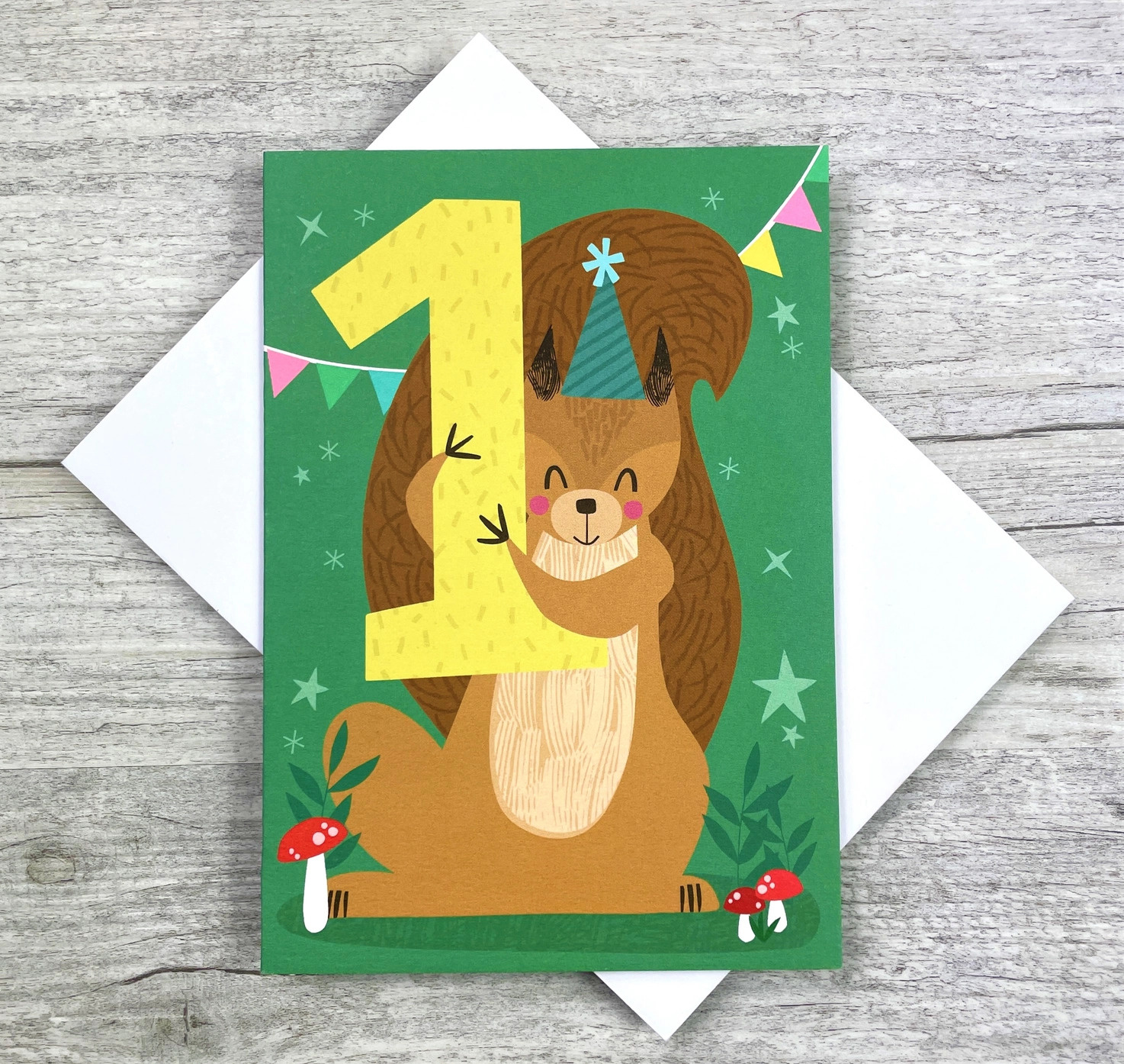 Age 1 Squirrel Birthday Card - Seasons Green