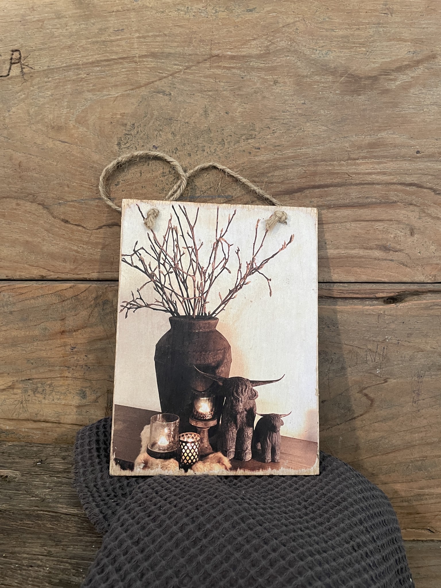 Houten bordje met afbeelding - pot takken en hooglanders - 15 x 20 cm ...