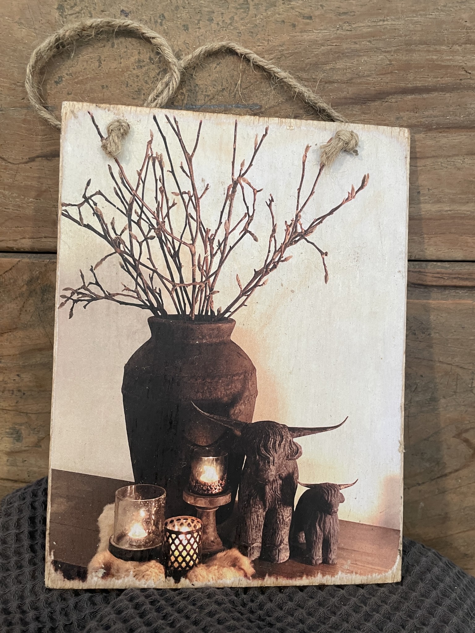 Houten bordje met afbeelding - pot takken en hooglanders - 15 x 20 cm ...