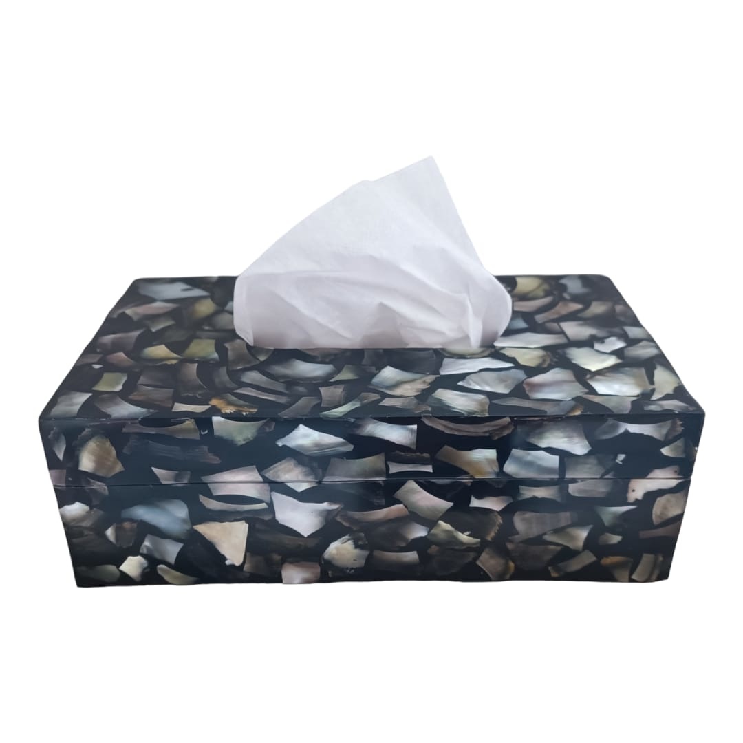 Luxe Tissue box zwart met witte Capiz schelpen 24x12x7cm - Avantius