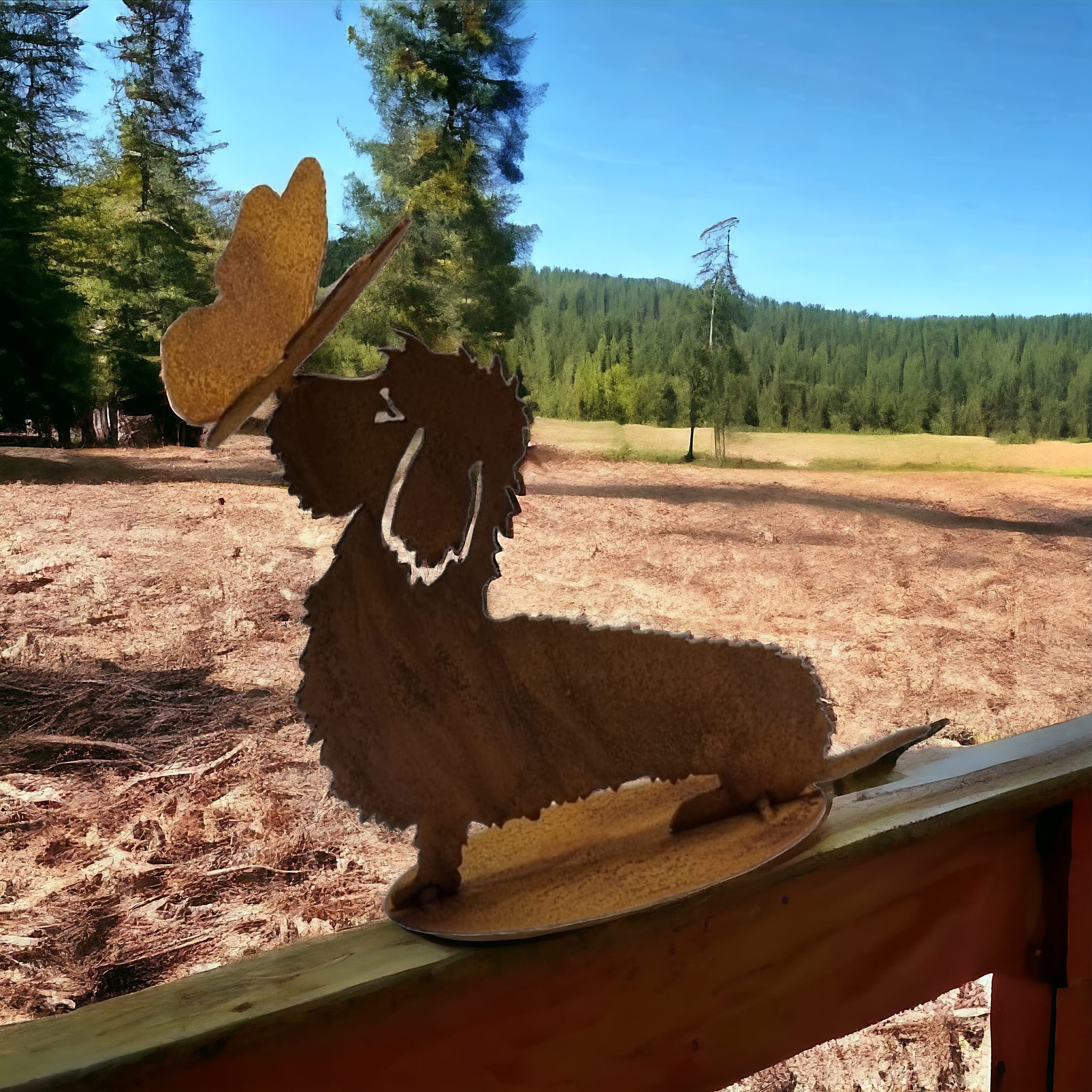 Tuinbeeld Frank de ruwharige Teckel met vlinder - Avantius