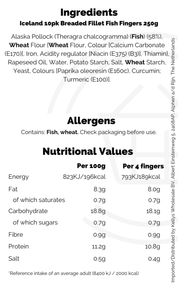 Iceland 10pk Breaded Fillet Fish Fingers 24x250g - Kellys Wholesale ...