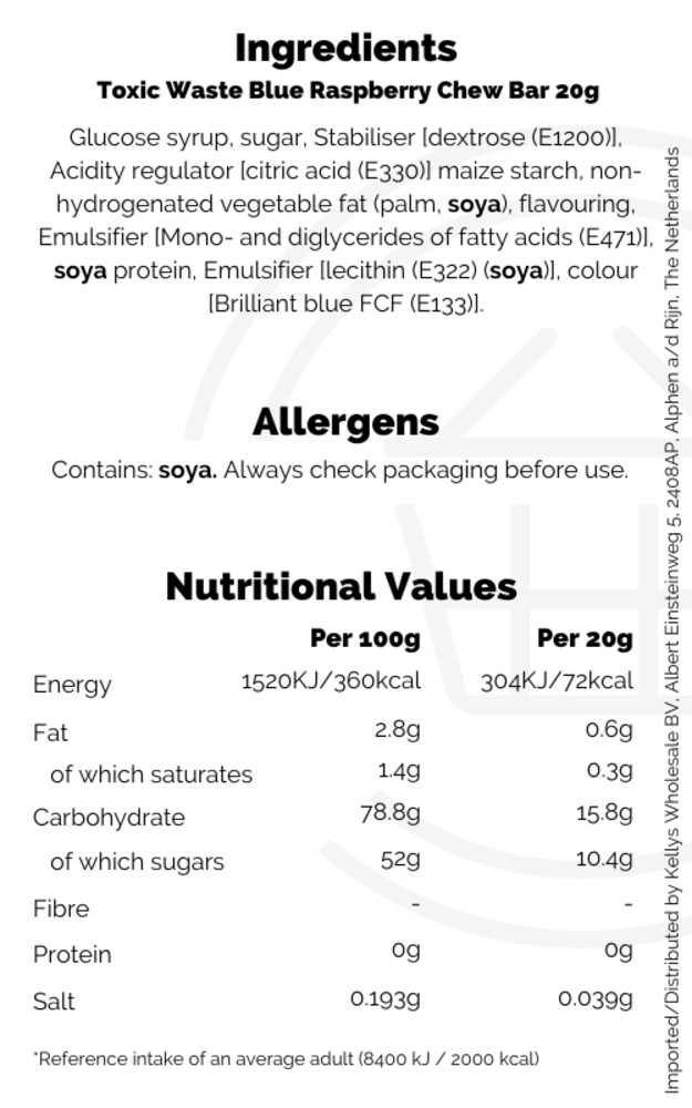 Toxic Waste Blue Raspberry Chew Bar 50x20g - Kellys Wholesale ...