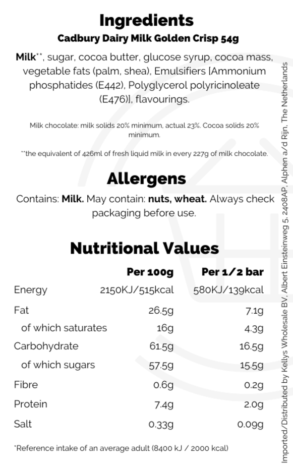 Cadbury Dairymilk Golden Crisp 48 x 54g - Kellys Wholesale & Distribution