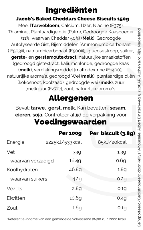 Jacobs Cheddars Roll 12x150g | British Crackers and Snacks - Kellys ...