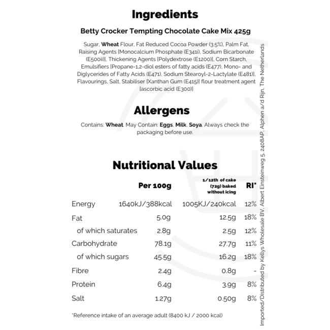 Betty Crocker Betty Crocker Tempting Choc. Cake Mix 6x425g - Kellys ...