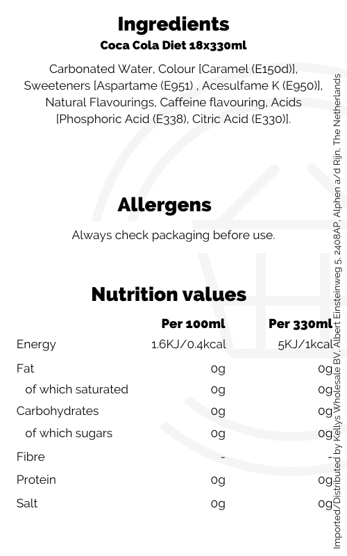 Coca-Cola Diet Coke 18x330ml - Kellys Wholesale