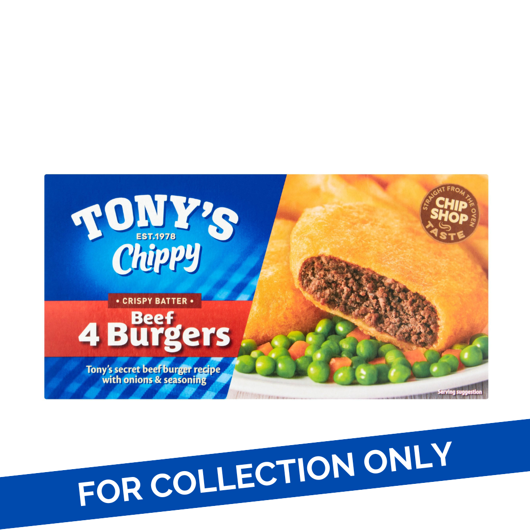 Tony's Chippy 4pk In Batter Beef Burgers 10x340g - Kellys Wholesale ...