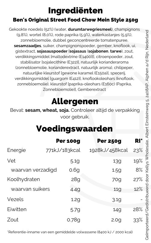 Ben's Original Street Food Chow Mein Style 6x250g - Kellys Wholesale ...