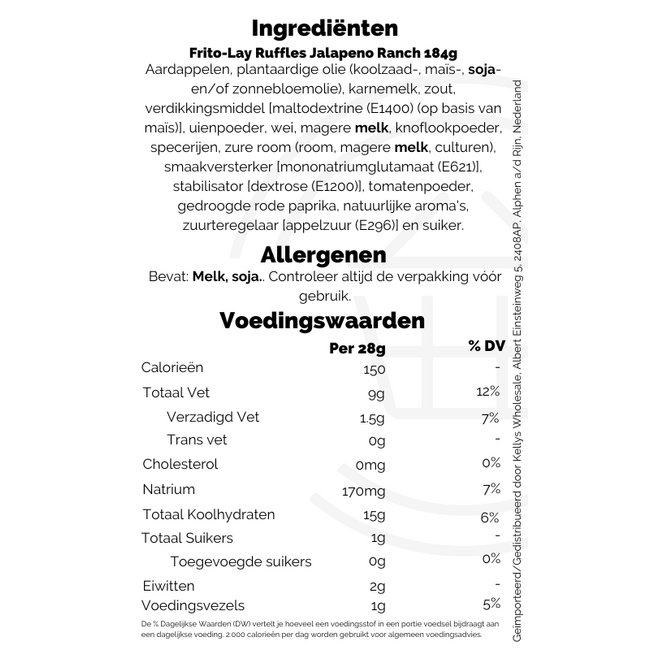Frito-Lay Ruffles Jalapeno Ranch 15x184g - Kellys Wholesale & Distribution