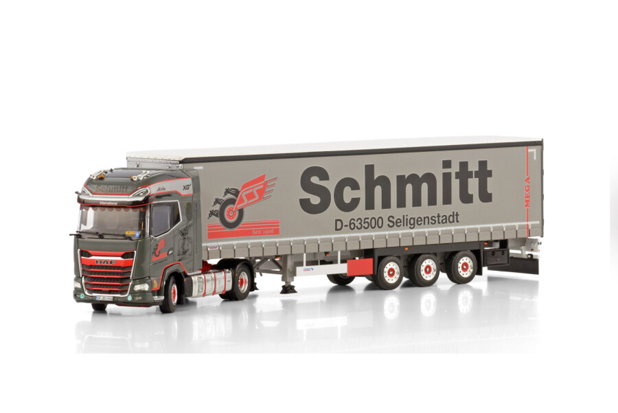 WSI DAF XG 4x2 met 3-as schuifzeilen oplegger SCHMITT - Miniatuurshop.com