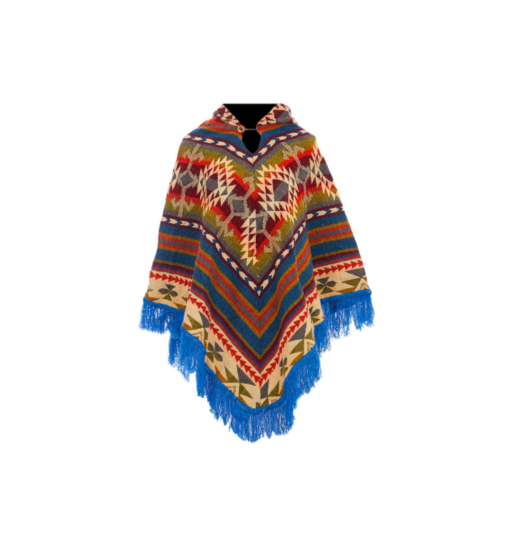 Poncho Driehoek Blauw - Alpacawol - Zuid-Amerikaanse print - EcuaFina