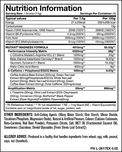 Pre-workout Mutant madness- 225 gram - | FO Nutrition Shop