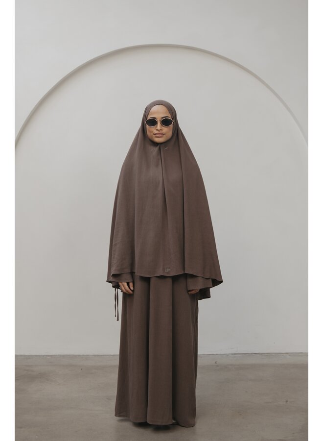 Linen Lace Abaya Set - Dark Chocolate - By Aicha