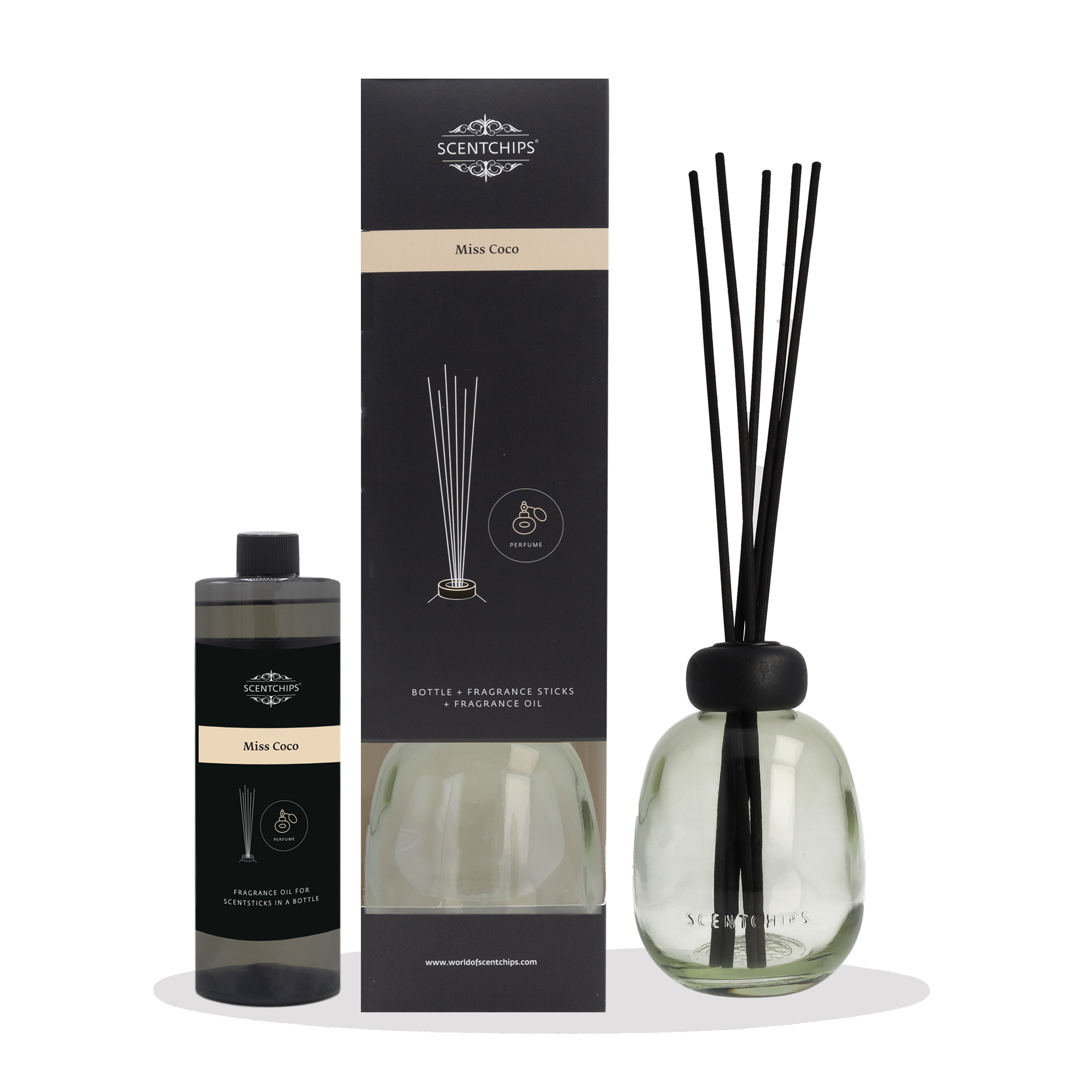 Gift set Reed diffuser Miss Coco with green bottle - Scentchips®