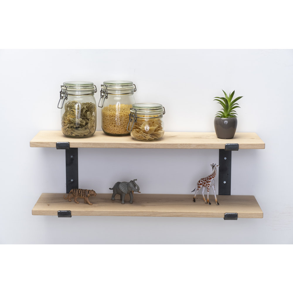 Wall rack double with 2cm oak shelves and steel brackets - Wall Shelf Shop