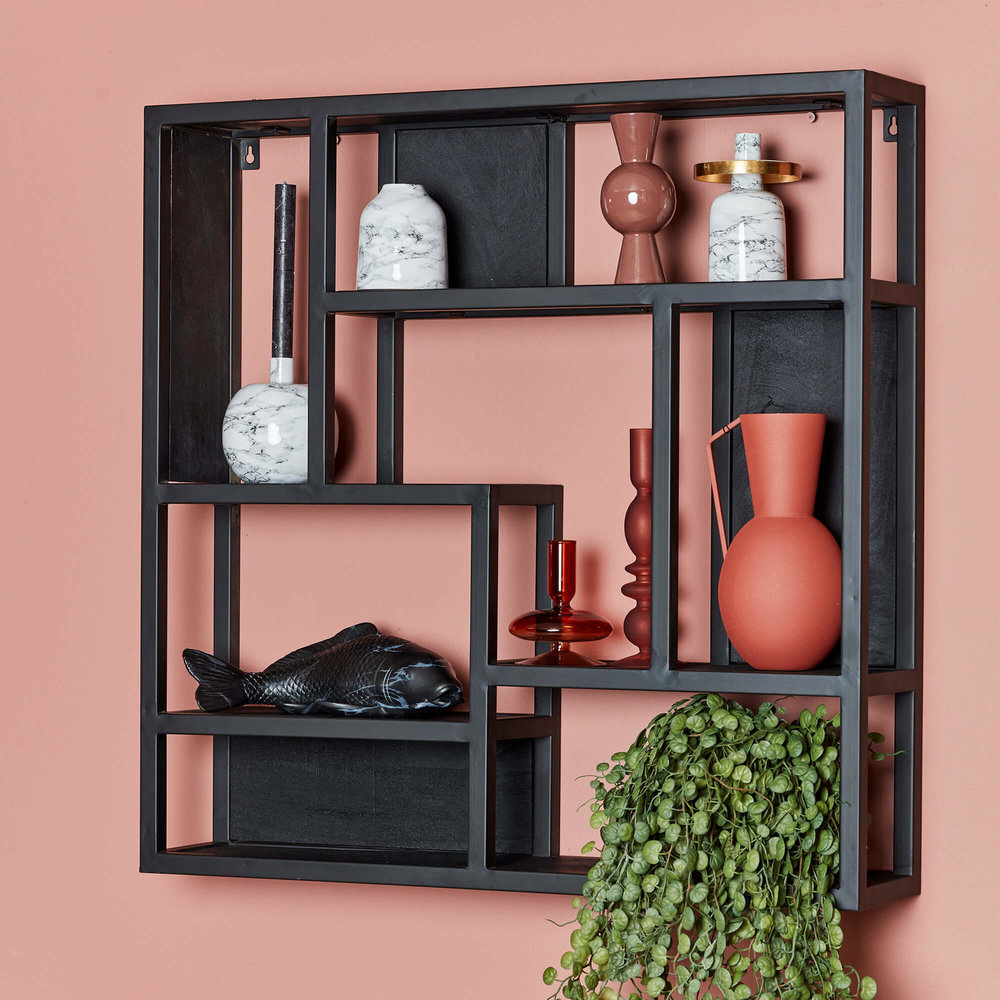 Wandplankshop Wall rack mango wood black | square - Wall Shelf Shop
