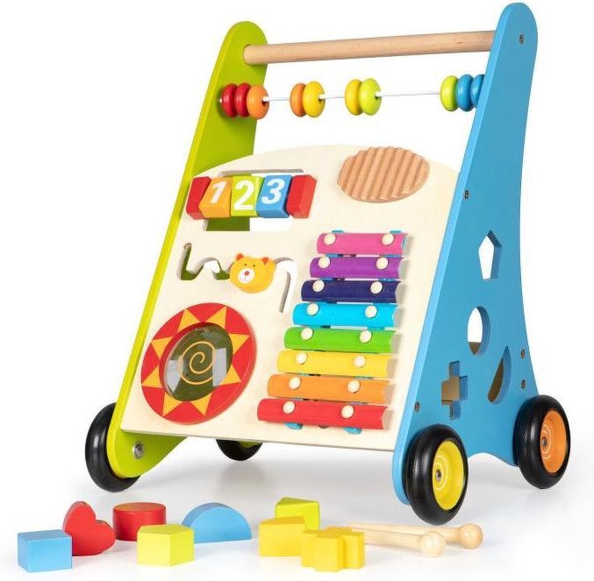 Houten loopwagen met telraam & muziek bekkens - Vikingchoice.nl