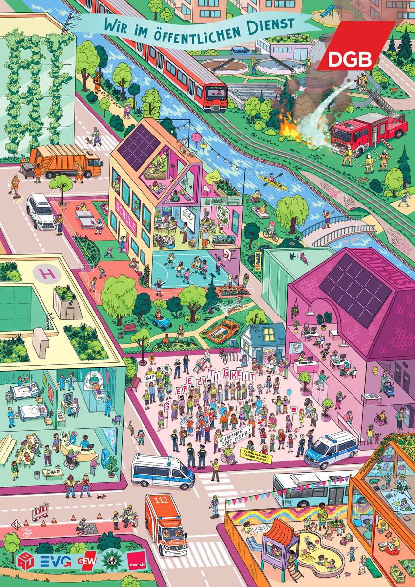 DGB Wimmelbild „Wir im öffentlichen Dienst“ verschiedene Formate - DGB-Shop