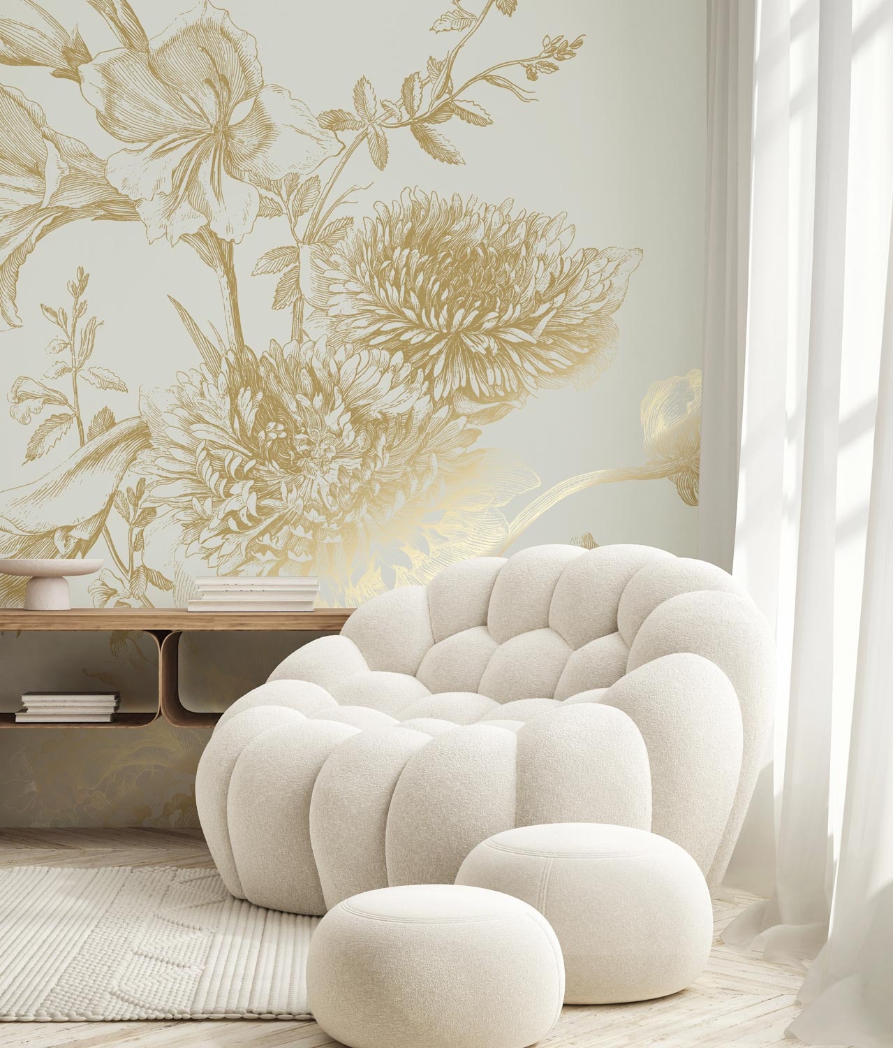 Wall Mural Engraved Flowers Gold Metallic MW-143 - KEK Amsterdam