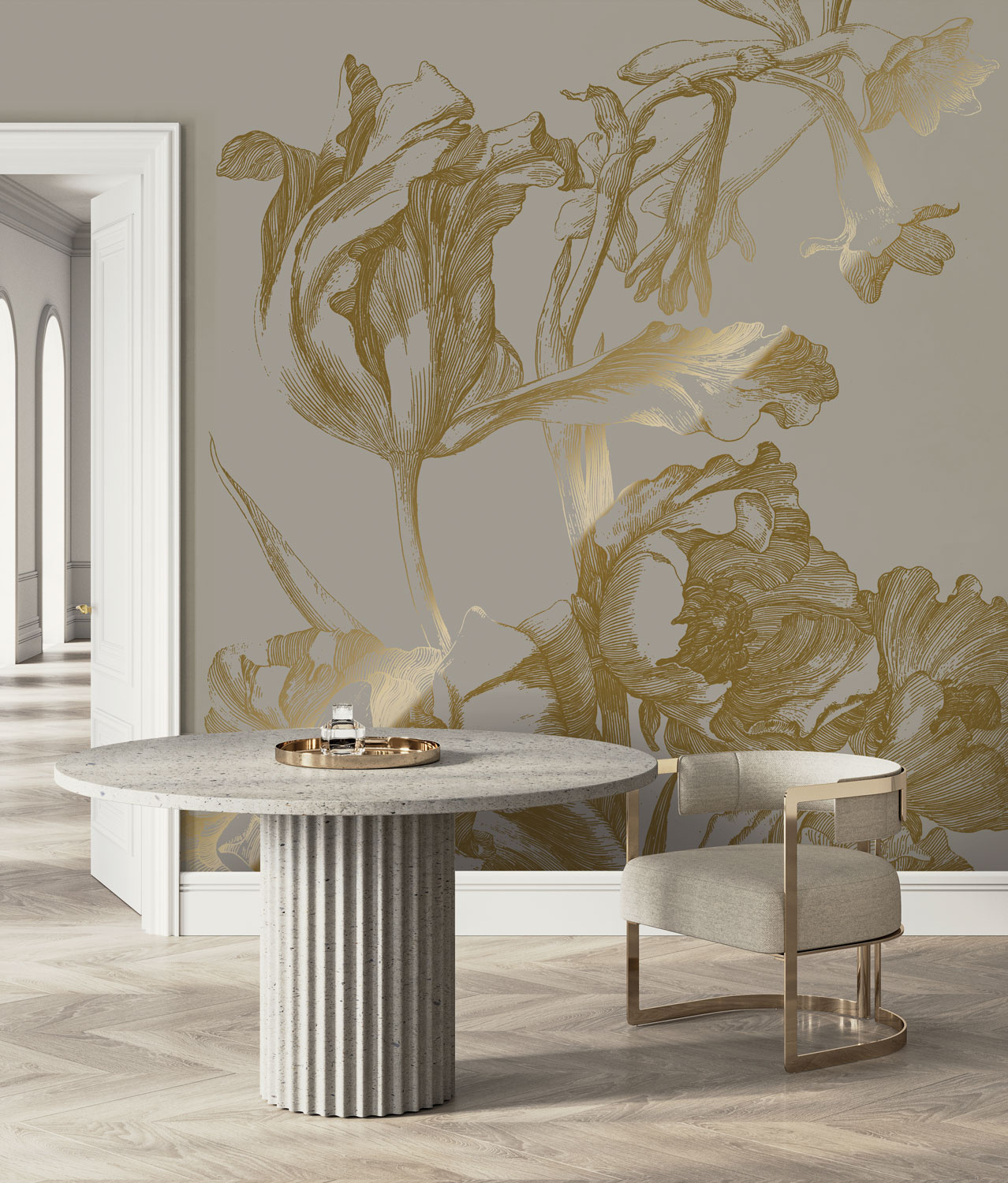Wall Mural Engraved Flowers Gold Metallic MW-128 - KEK Amsterdam