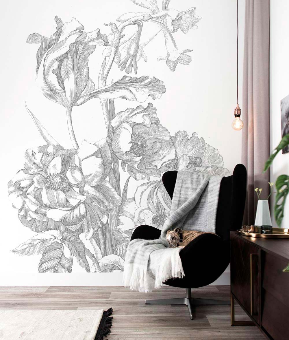 Bloemen behang zwart wit bloemen Engraved Flowers WP-335 - KEK Amsterdam