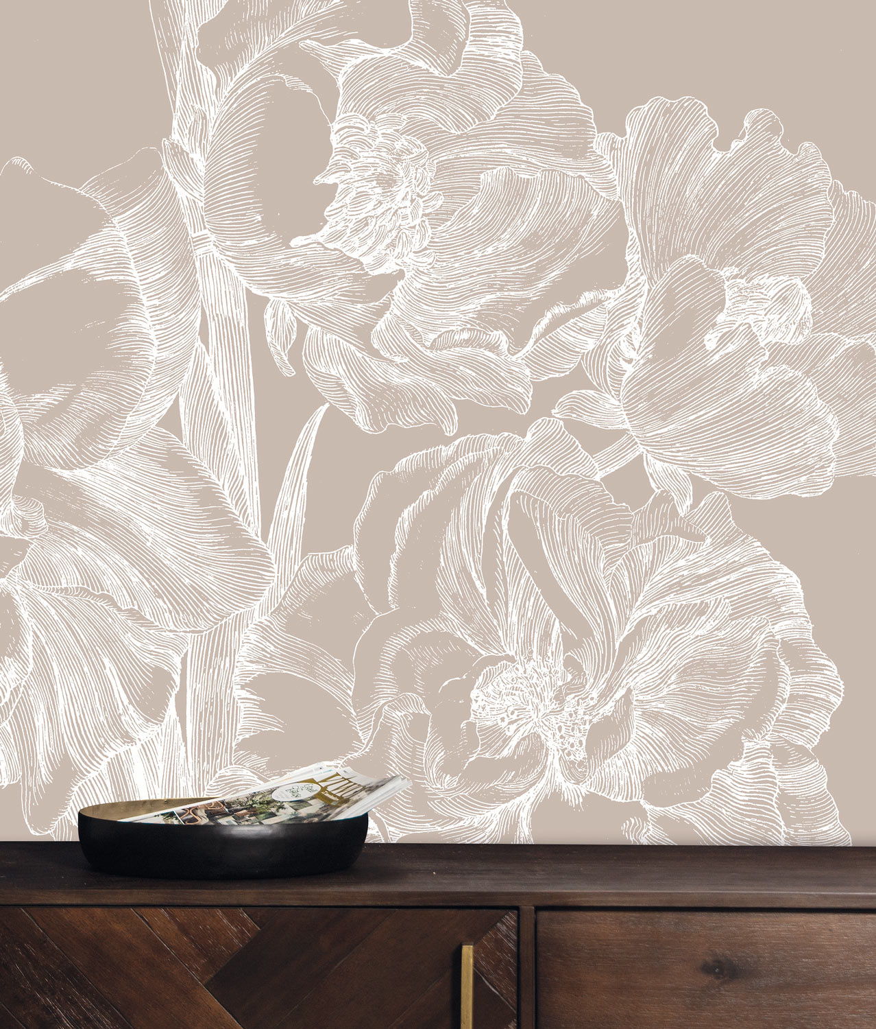 Engraved Flowers, behang met getekende bloemen, Zand, WP-745 - KEK ...