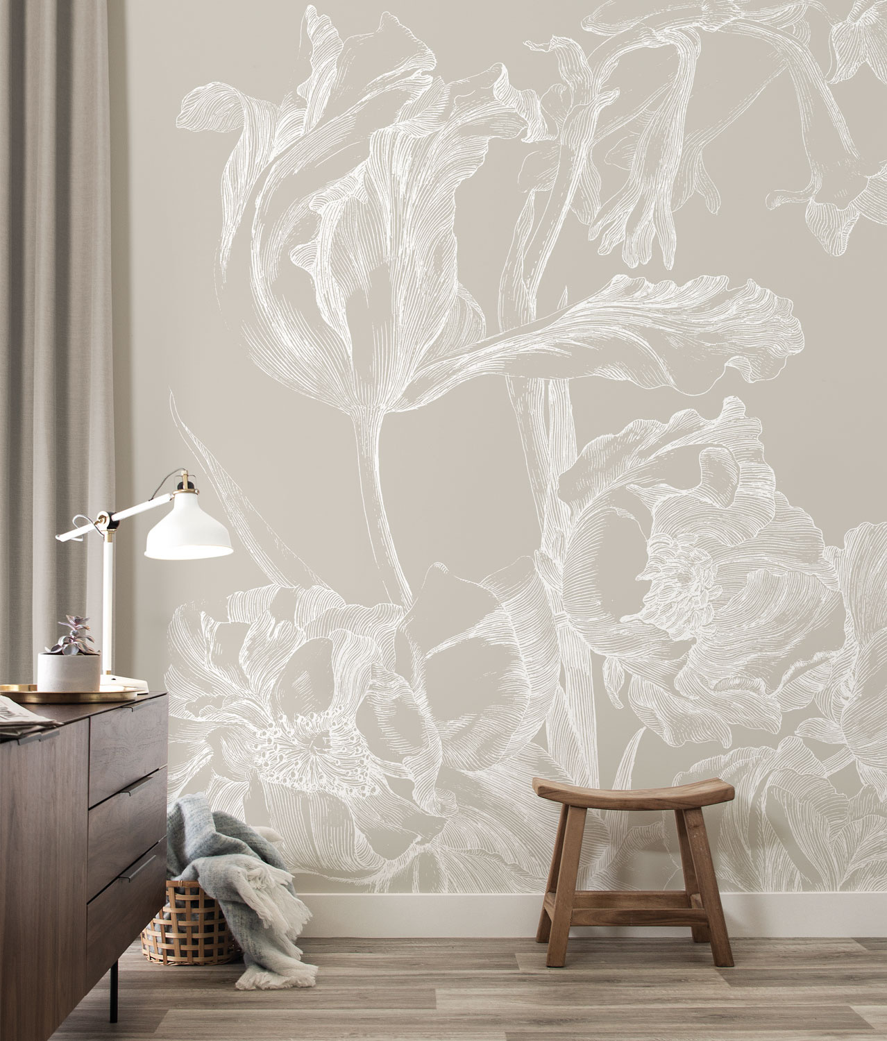 Engraved Flowers, behang met getekende bloemen, Grijs, WP-743-R - KEK ...