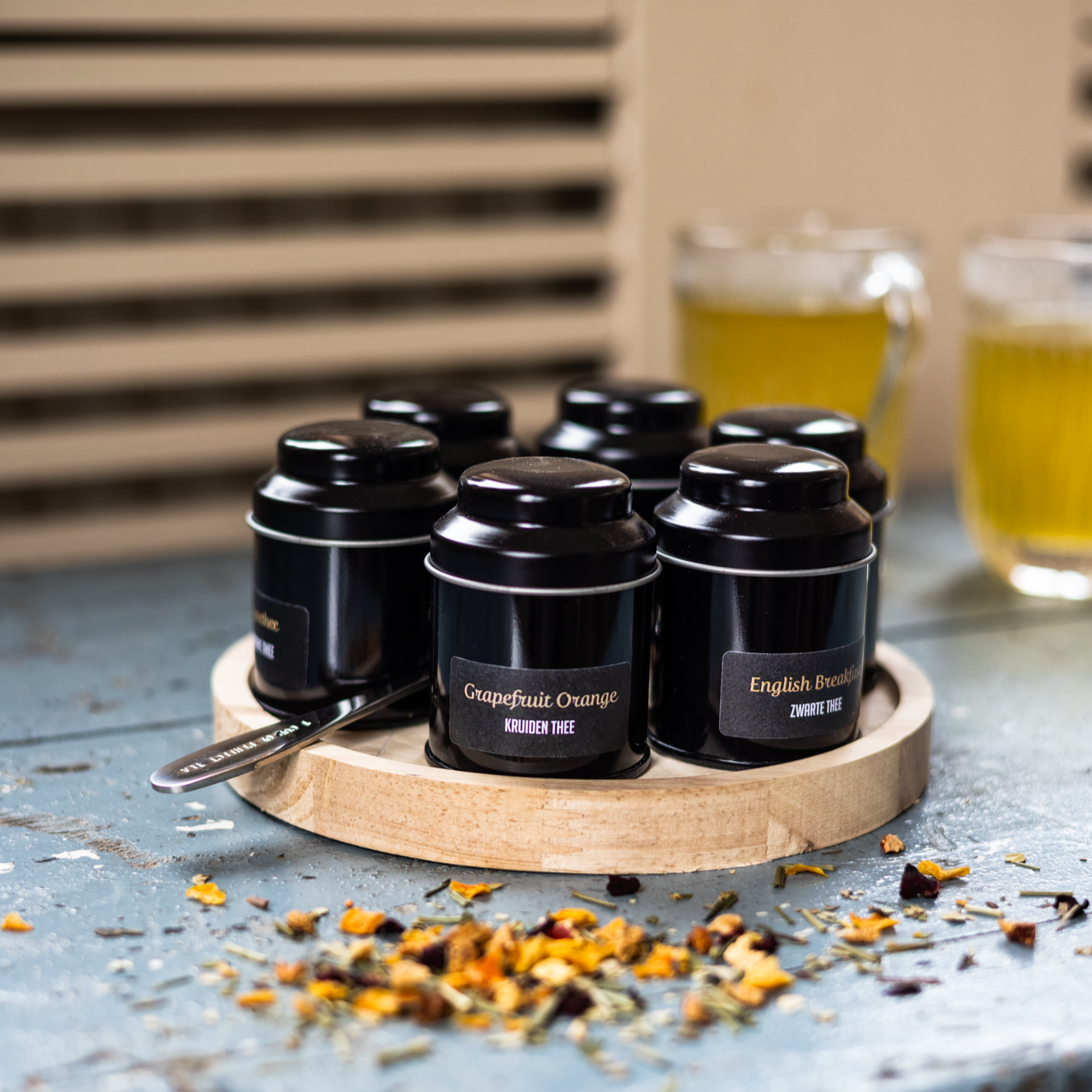Theeplank rond 6potjes zwart - Cherubijn