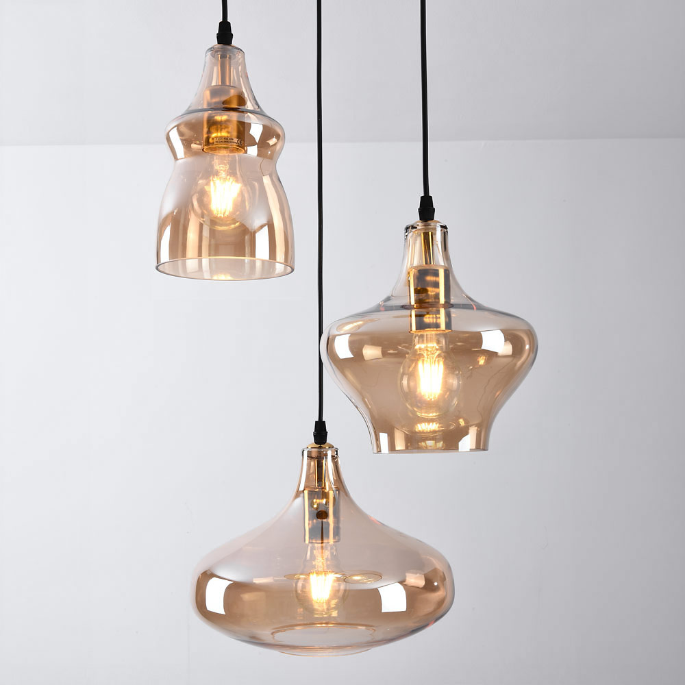 Industriële hanglamp met amber glas 3-lichts - Trinidad - LumenXL.nl