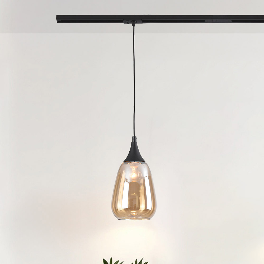 1-fase rail hanglamp Noi met amber glas - druppel - LumenXL.nl
