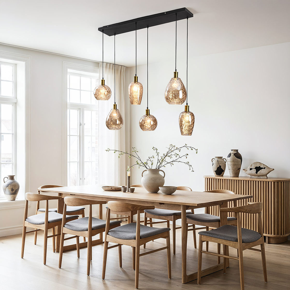 Hanglamp Nilo – 6-lichts amber glas met bolling - LumenXL.nl