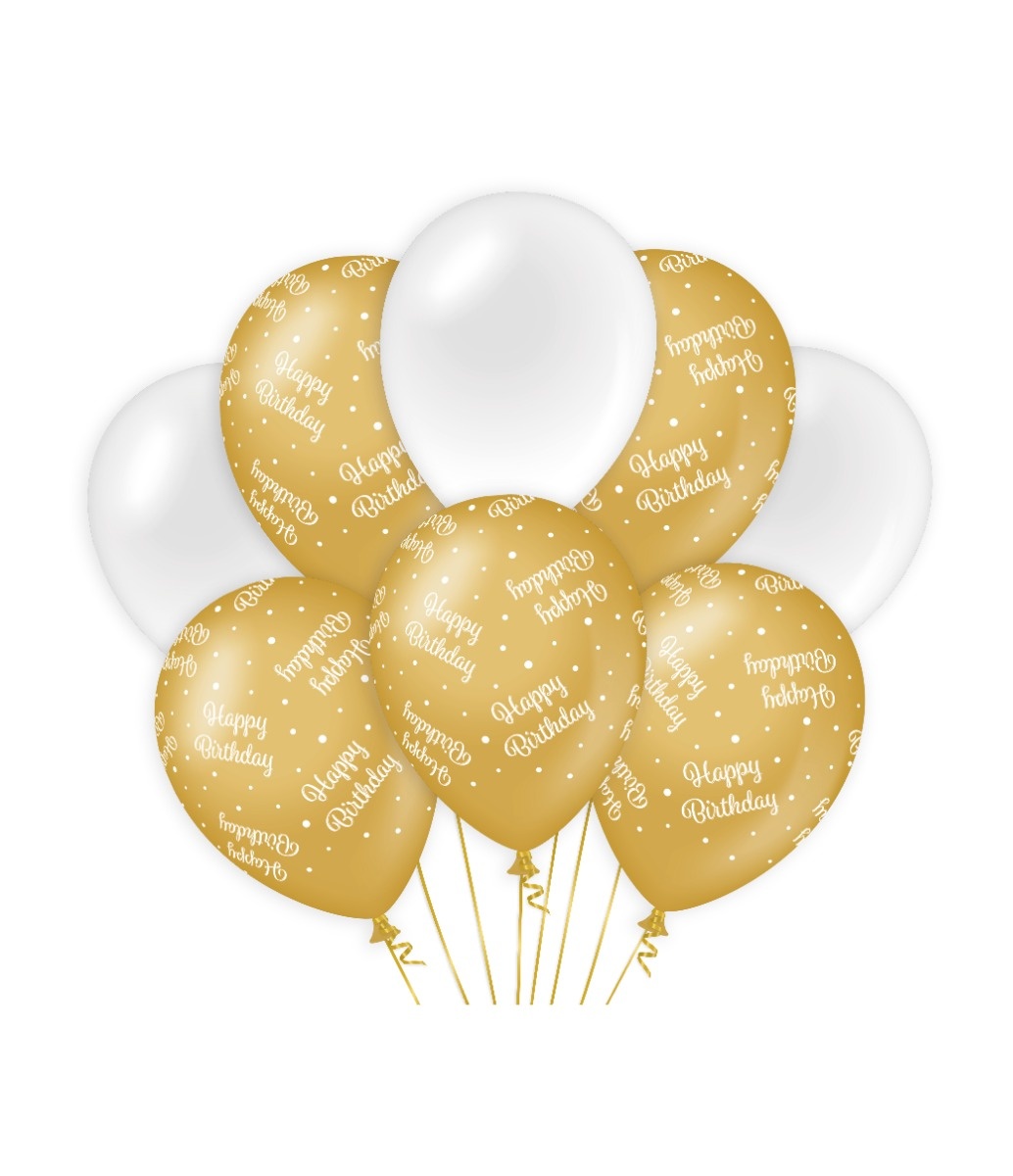 Happy Birthday versiering/ decoratie ballonnen goud en wit, 8 stuks ...