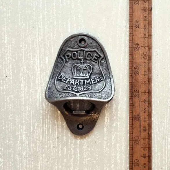 Bottle Opener Wall Mounted POLICE Cast Antique Iron - Homebird House
