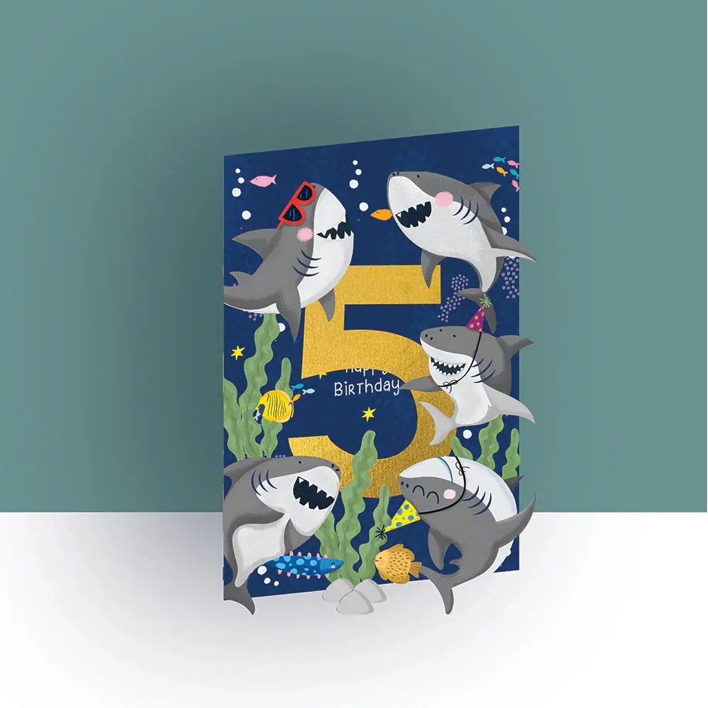 Sharks 5th Birthday Laser Cut Card - Homebird House