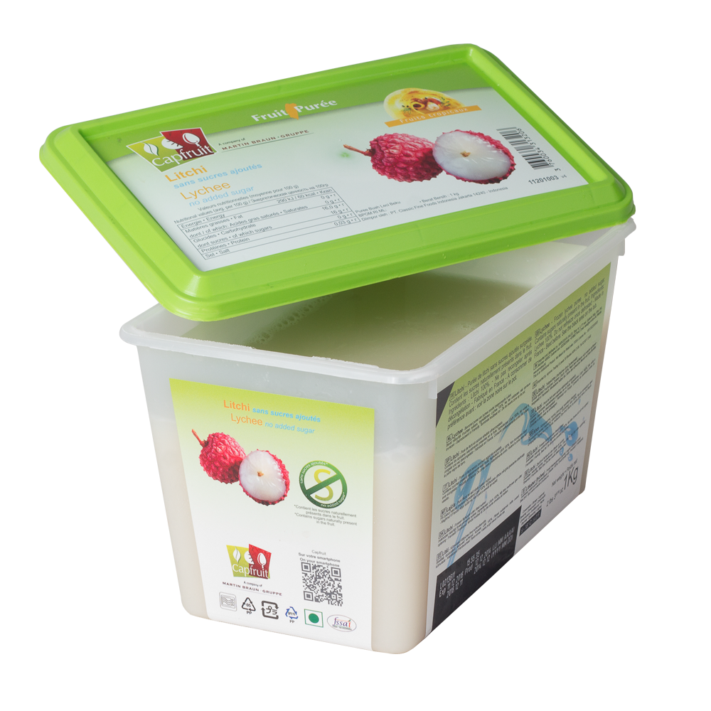 Frozen Fruit Puree LYCHEE no added sugar - 1kg Tub (France) - Chef's Play