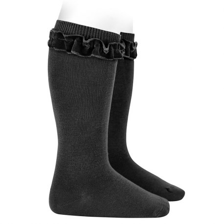 Condor Velvet Ruffle Knee Socks - Black - Petite Zara