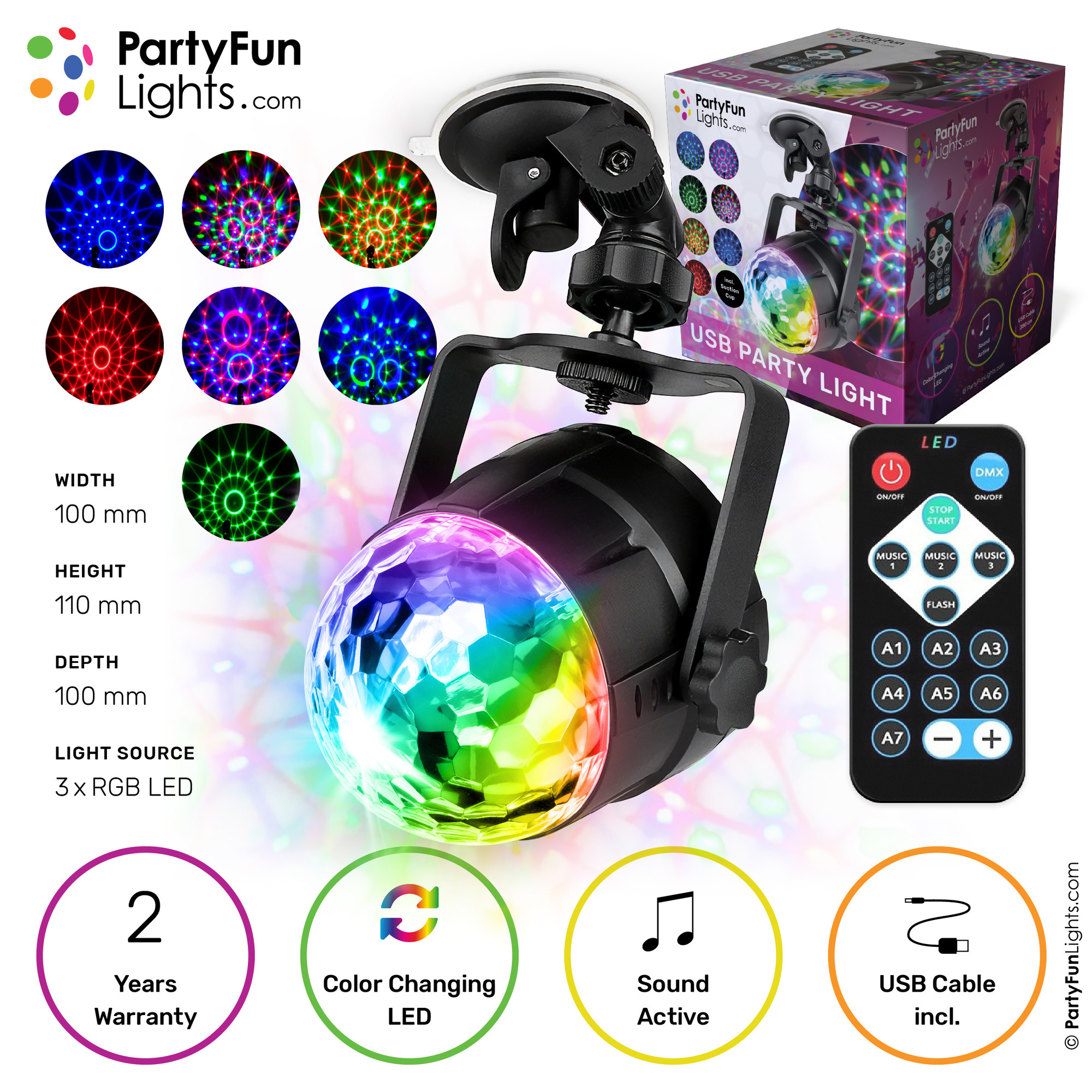 Party Projector Disco Light USB Powered with Suction Cup and Remote Control - PartyFunLights