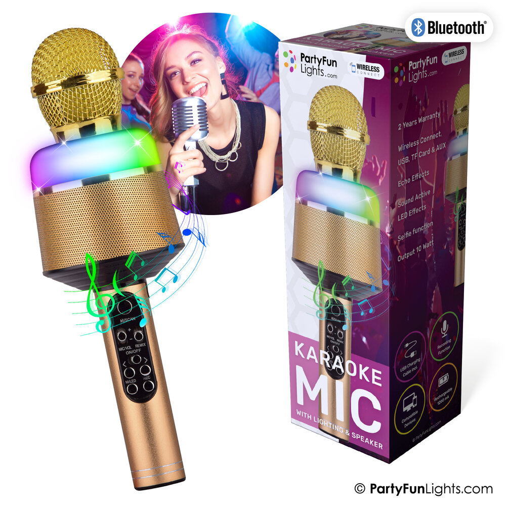 Karaoke Party Mic with Speaker and Light Effects - Gold - PartyFunLights