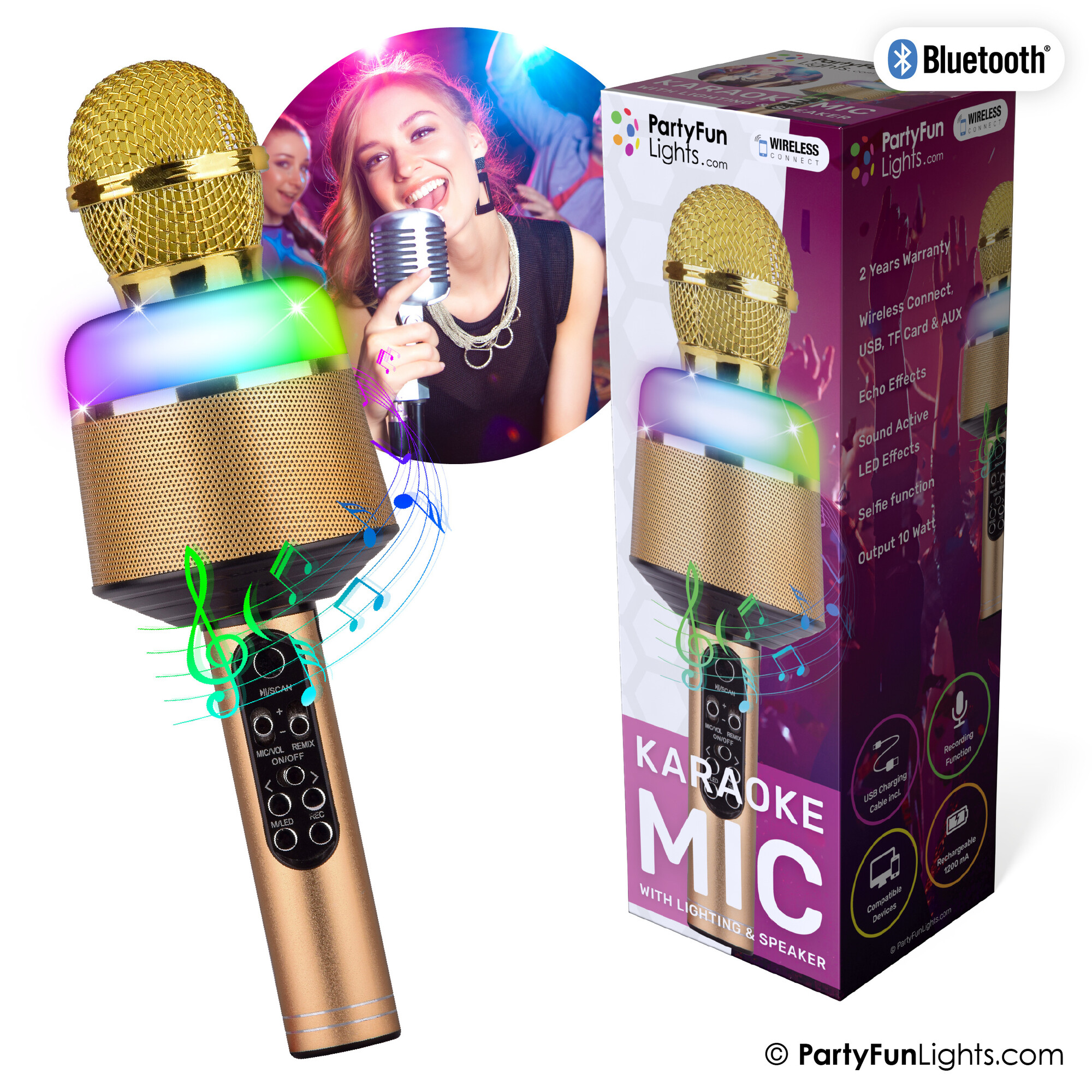 Karaoke Party Mic with Speaker and Light Effects - Gold - PartyFunLights