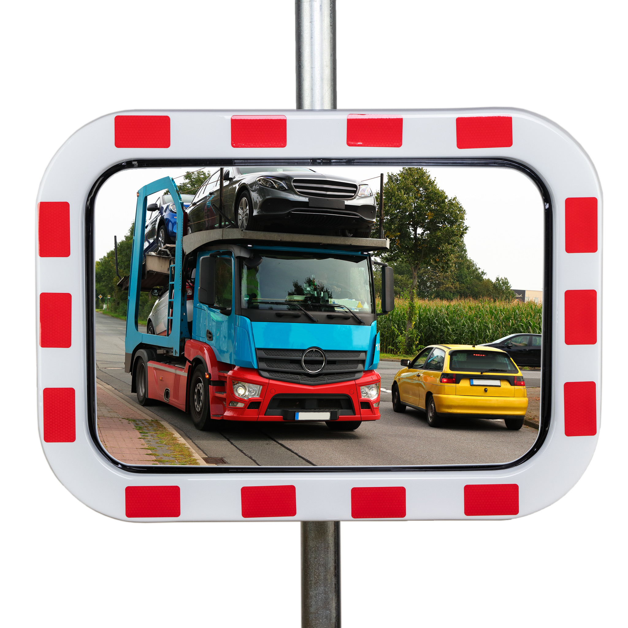Traffic Mirror Rectangular Convex White frame with Red reflector