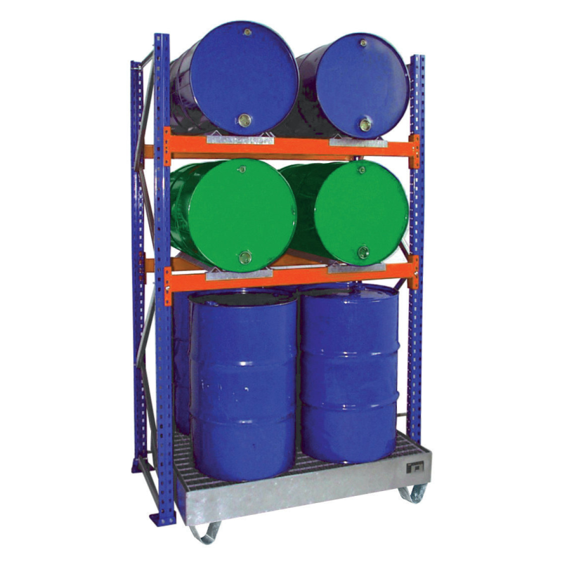 Drum rack shelves with sump tray 8x 200L drums horizontal and vertical