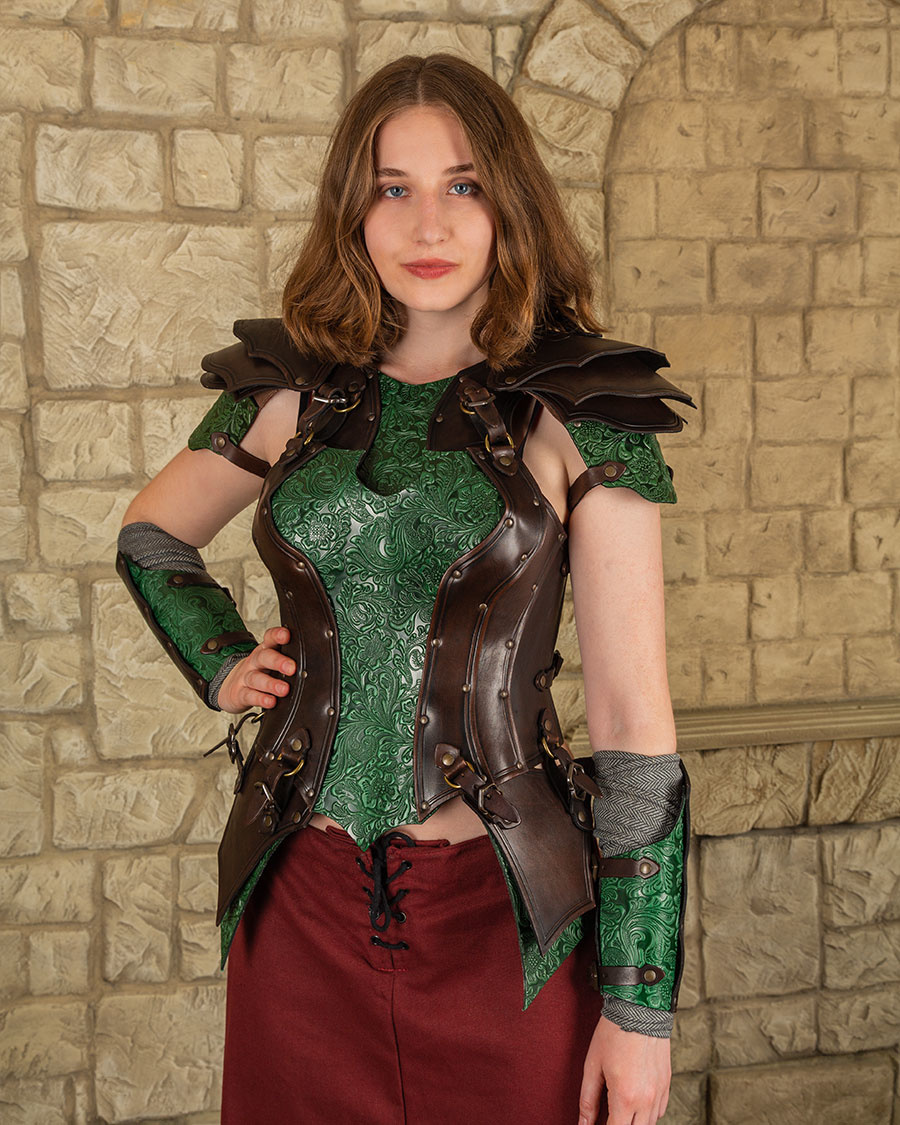 Leather ladies armor Morgana, brown-green - CelticWebMerchant.com