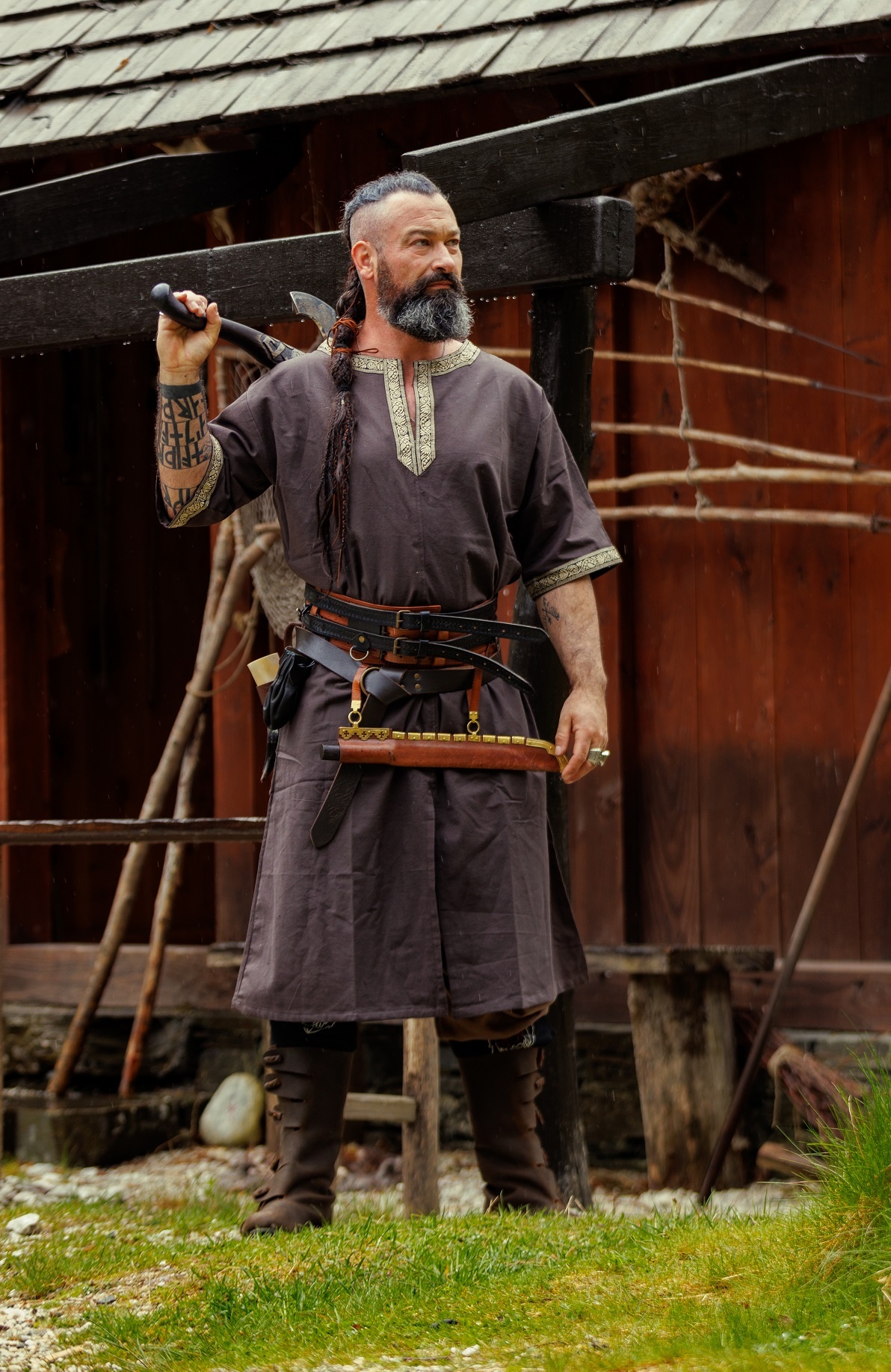 Celtic tunic, short sleeves, dark brown - CelticWebMerchant.com