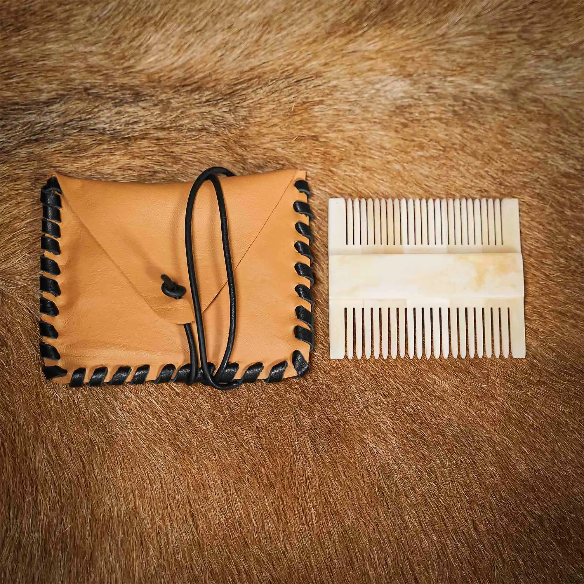 Double Sided Bone Comb with Genuine Leather Sheath - CelticWebMerchant.com